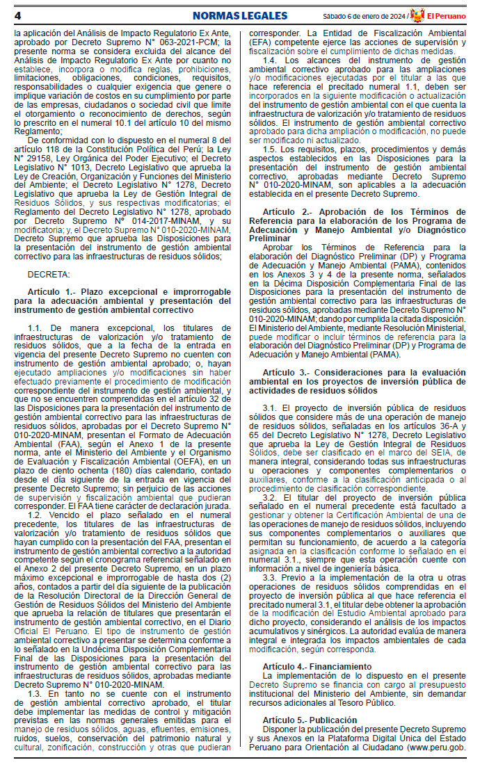 Perú: Decreto Supremo Nº 001-2024-mINAm – Estrucplan